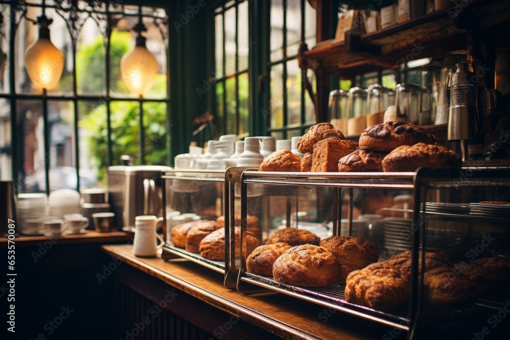 Small cozy cafe coffee shop bakery completing order business interior ...