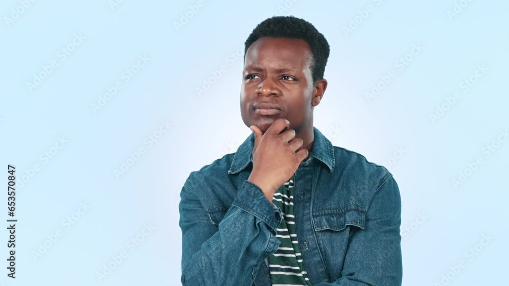 Thinking, black man and ideas with doubt, solution and problem solving ...