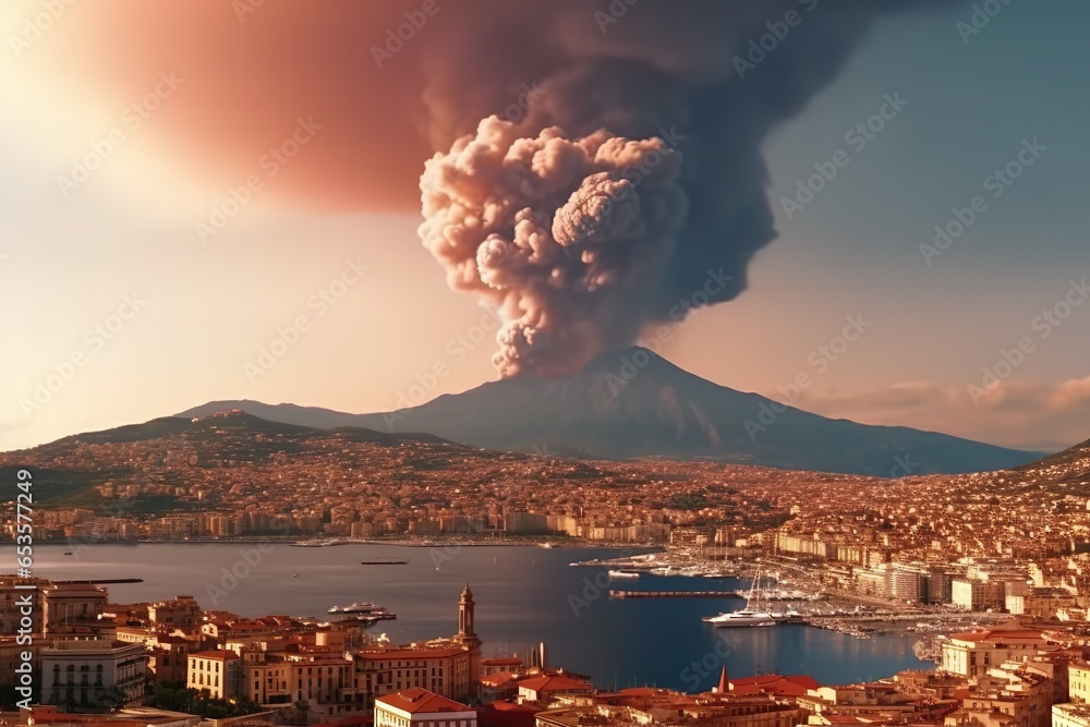 Imagination of Campi Flegrei caldera eruption in Italy. Generative AI ...