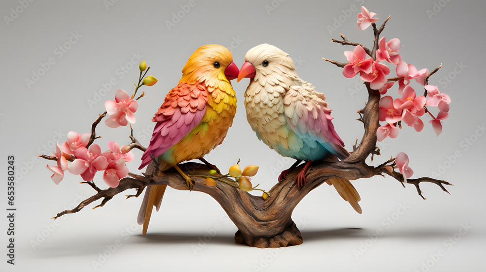 Lovebirds in 3D: Romantic Illustration, Two Parrots Hugging on Branch ...