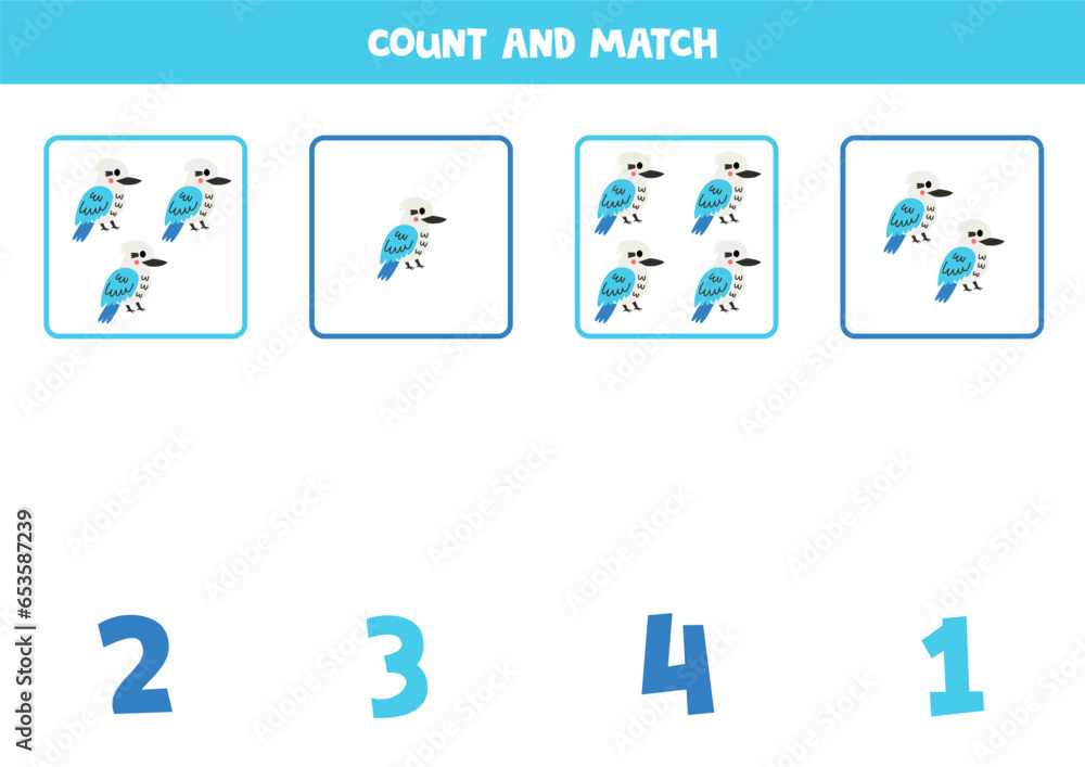 Counting game for kids. Count all kookaburras and match with numbers ...