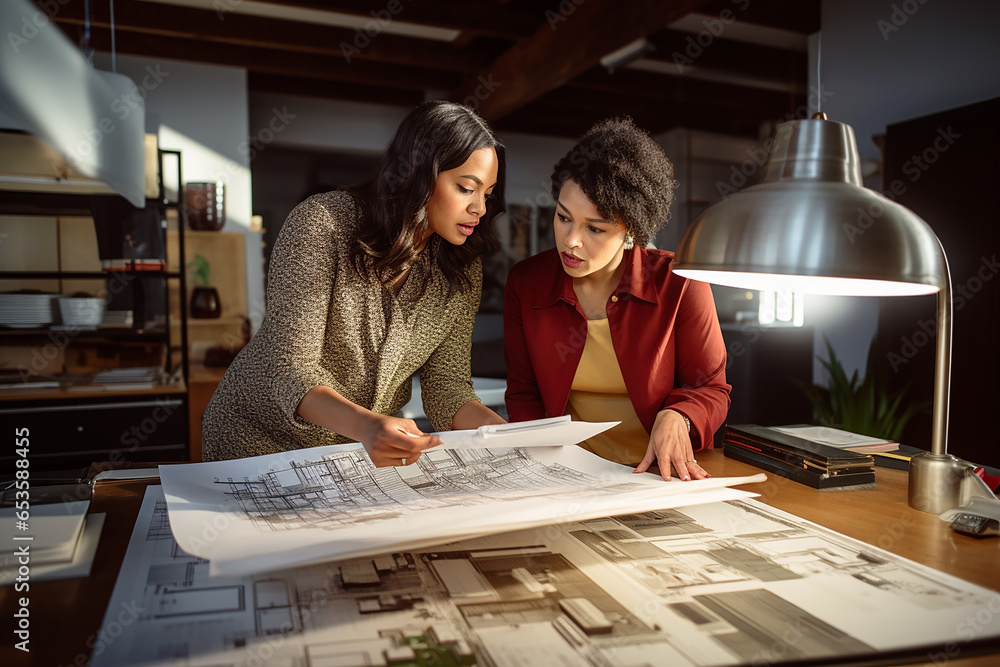 Two women architects are working in the office, looking at the plans ...