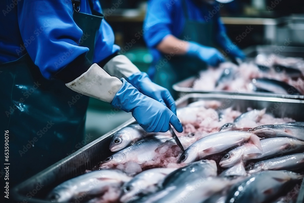 Fish processing plant. Production Line. People sort the fish moving ...