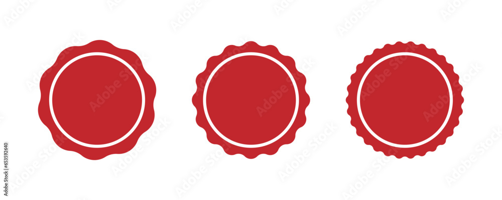 Red circle seal stamp icons. Vintage wavy edge circle sticker. Star ...
