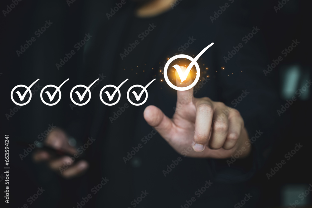 Business people pressing on correct sign mark on visual screen for ...