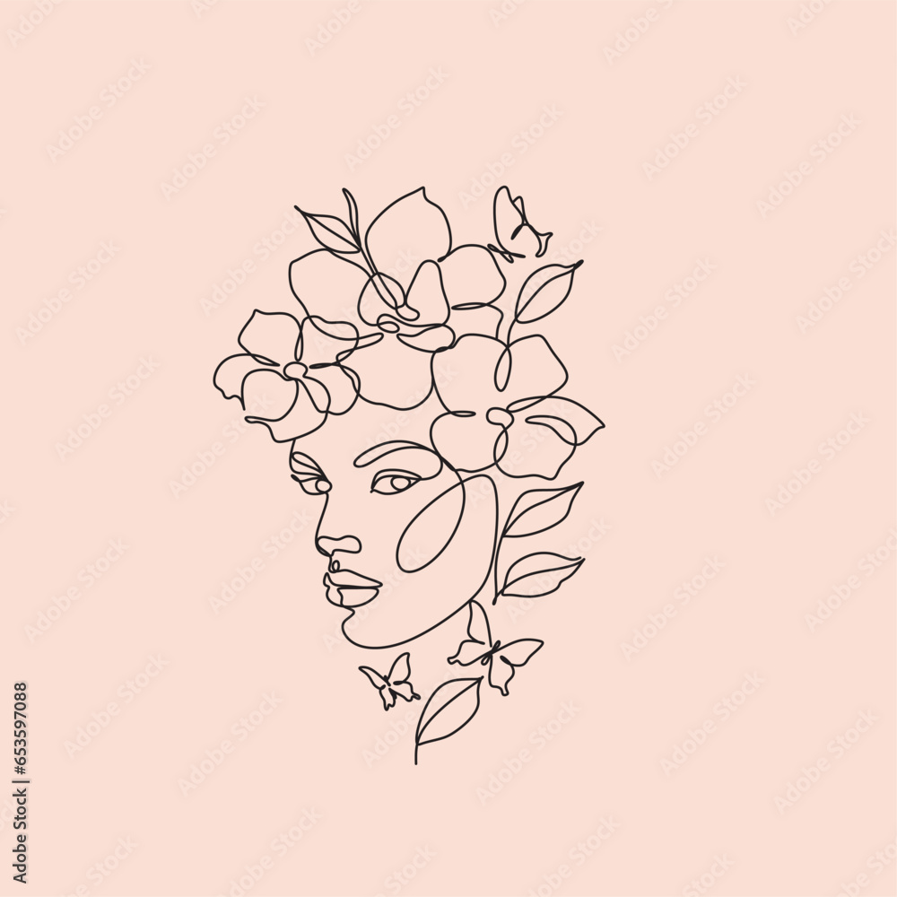 Woman Line Art Minimalist Logo. Nature Organic Cosmetics Makeup. Flower ...