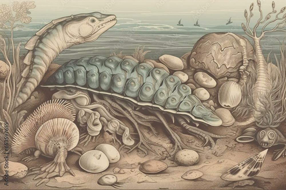 Illustration of dinosaurs, reptile bones, and ancient mollusc shells in ...