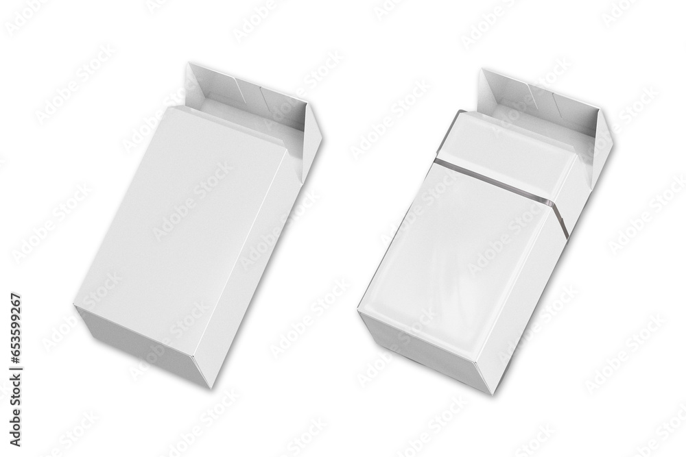 Blank white open cigarette packaging boxes with plastic cover mockup ...