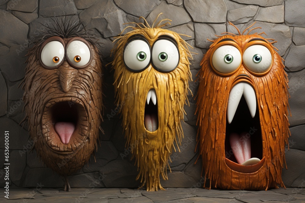 three different colored characters are standing next to each other ...