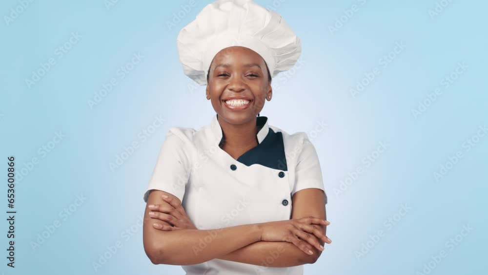 Chef, face and smile of woman in studio for restaurant service, kitchen ...