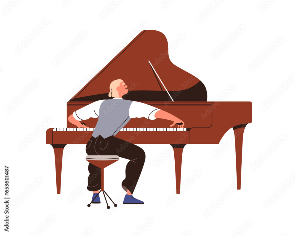 Musician playing music, performing on grand piano, back view from ...