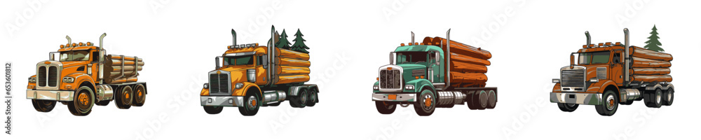 Cartoon logging truck set. Vector illustration Stock Vector | Adobe Stock