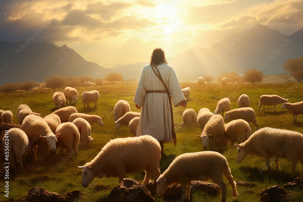Image of Shepherd Jesus Christ leading the sheep and praying to God ...