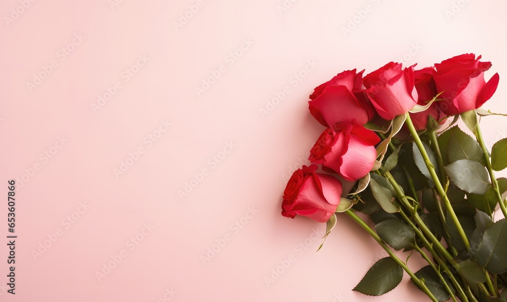 Bunch of romantic red roses on a simple pale pink background. Peach ...