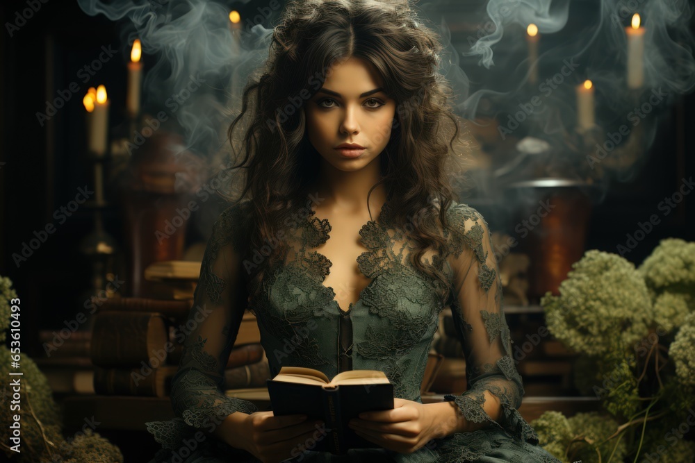 Beautiful witch casting a spell from book with fire and smoke. Woman ...