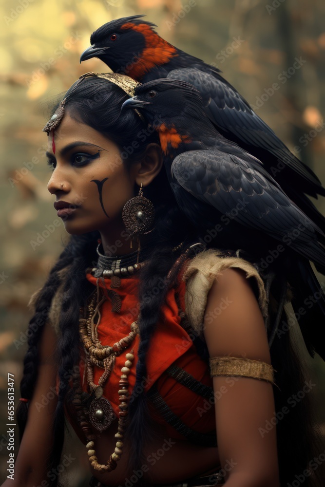 Beautiful indian woman posing with ravens. Woman wearing tribal dress ...