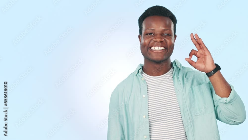 Smile, ok sign and black man pointing at checklist, timeline and info ...