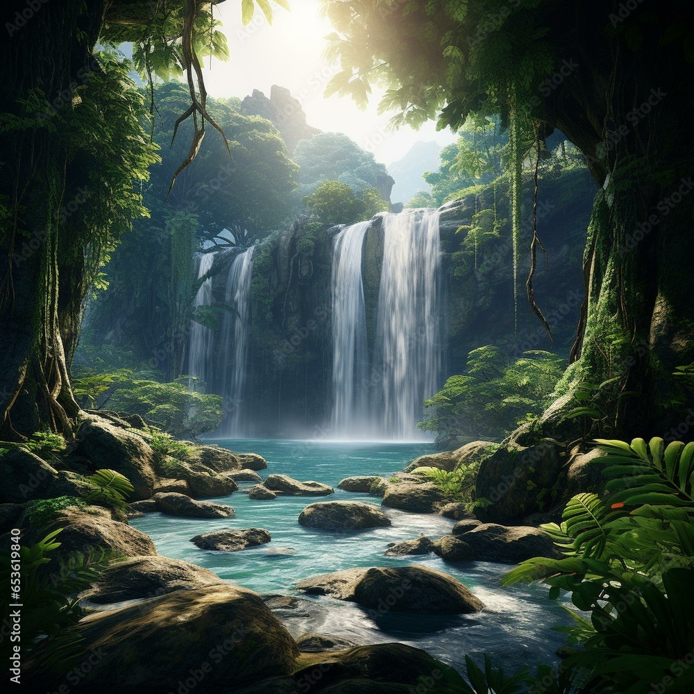garden of eden waterfall nature cinematic Stock Photo | Adobe Stock