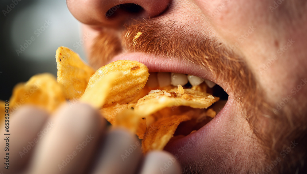Person eating delicious potato chips. Close up of mouth eat potato ...