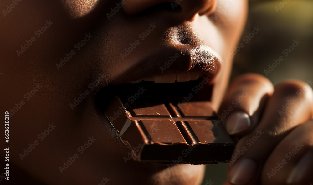 Beautiful young woman eating dark chocolate. close up of mouth,lips and ...