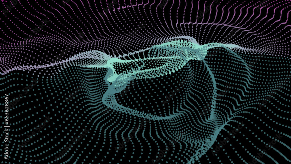 Energy net flows. Dot particle lines penetrating fog. Neon lights ...