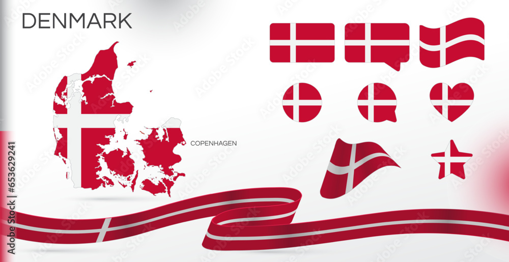 Vetor de Denmark flags set. Various designs. Map and capital city ...
