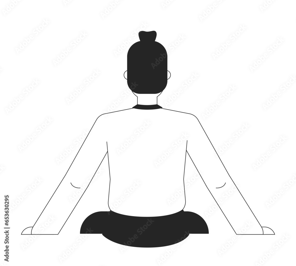 Pensive man watching back view black and white 2D line cartoon character. Caucasian adult male ...