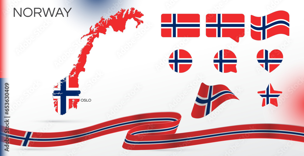 Norway flags set. Various designs. Map and capital city. World flags ...