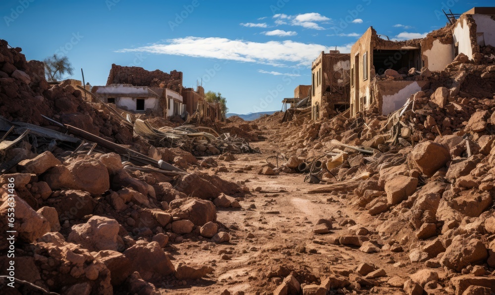City destroyed by an earthquake. Ruined buildings houses that collapsed ...