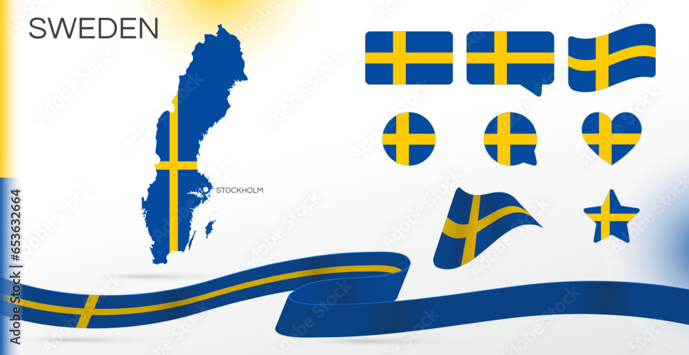 Sweden flags set. Various designs. Map and capital city. World flags ...