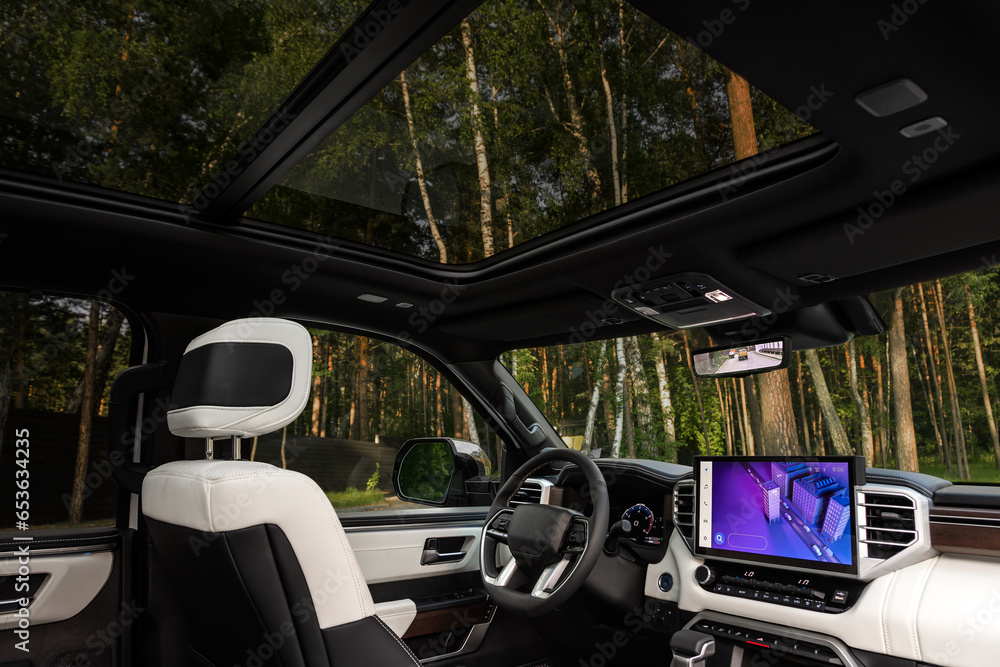 Car interior with black and white drivers seat. Rear view of the ...