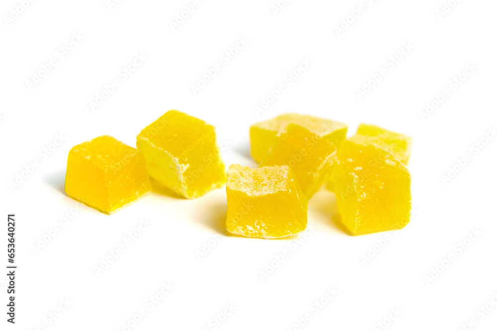 Diced mango dried fruits isolated on white background. Dehydrated mango ...