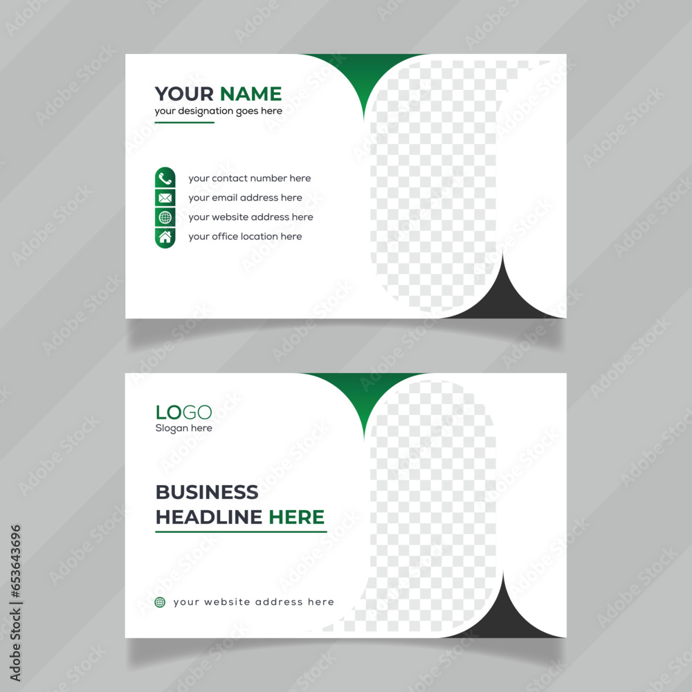 Horizontal and double sided business card template. Green, black and ...
