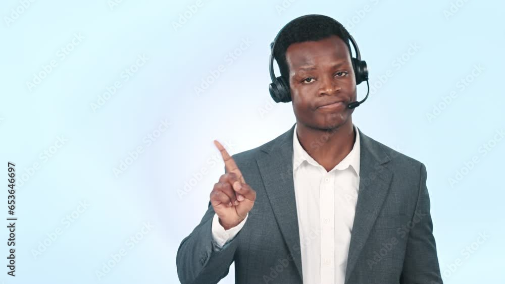 Pointing, disappointment and a black man for a call center on a studio ...