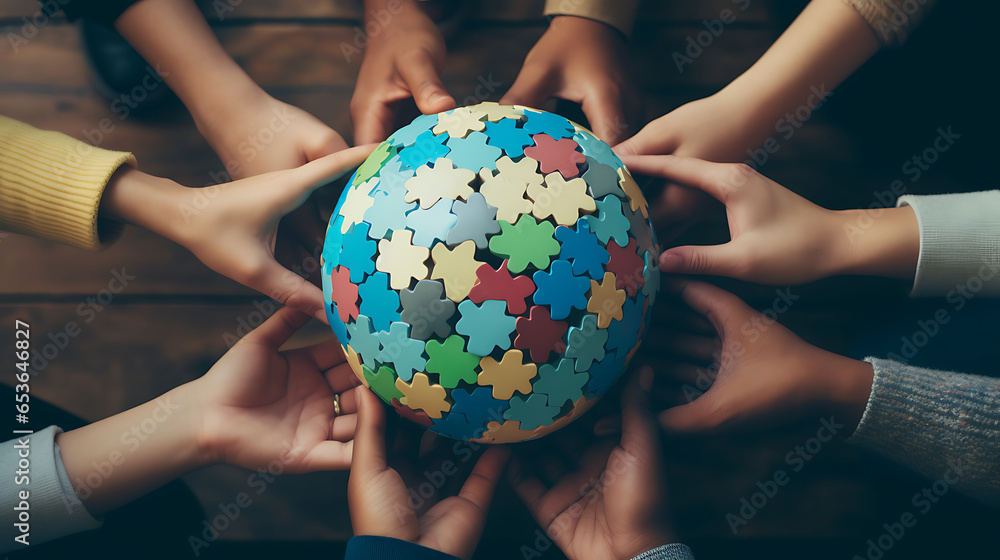 Diverse hands holding puzzle pieces, coming together to form a globe, symbolizing international ...