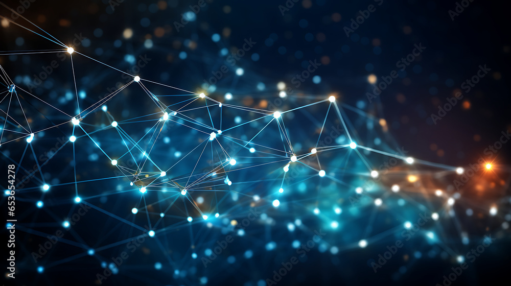 A web of interconnected nodes with pulses of light traveling between ...
