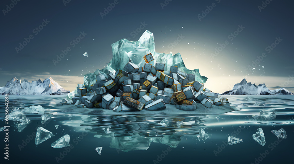 A melting iceberg with financial symbols submerged beneath, visualizing ...