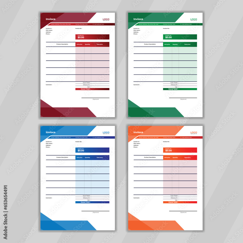Minimal Invoice design presentation with multiple color. Simple design ...