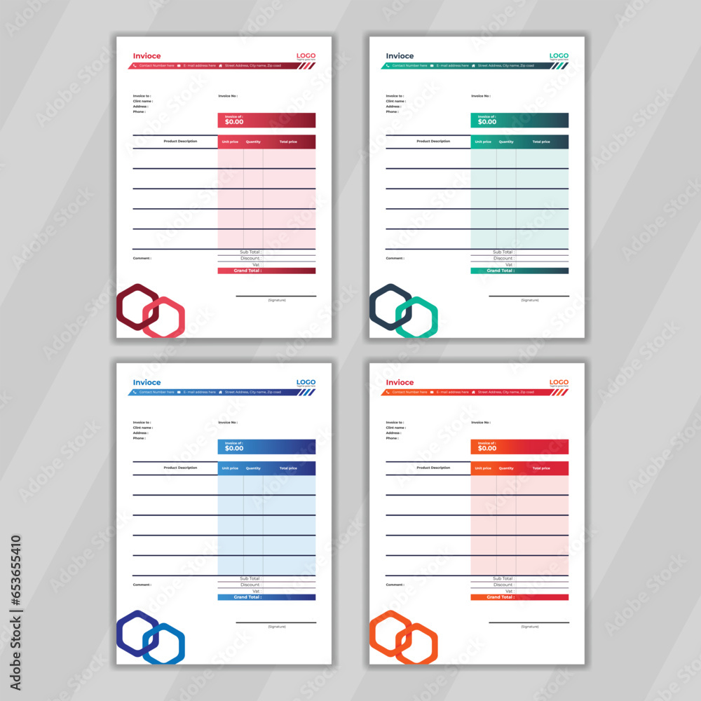 Invoice design template with multiple color. editable and modern design ...