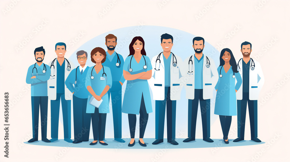 illustration of a medical staff, group of doctors and nurses. Unity ...