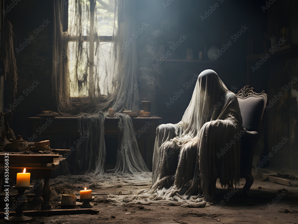Spooky ghost sitting on chair in victorian abandoned house. Stock 写真 ...