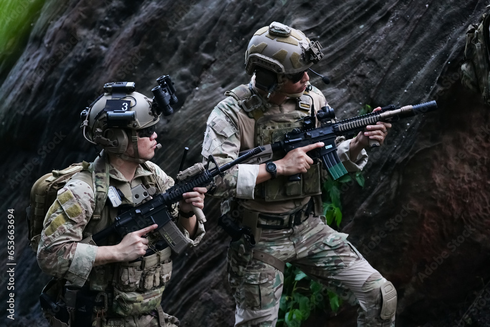 Military army soldiers tactical team, commando group moving cautiously ...