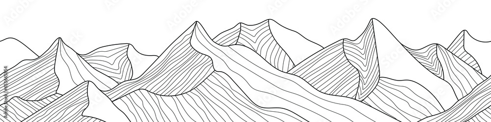 Black and white mountain line arts wallpaper, seamless border ...