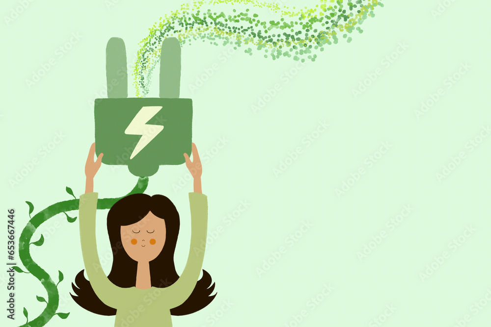 Cartoon female raising green electric plug with leaves Stock ...