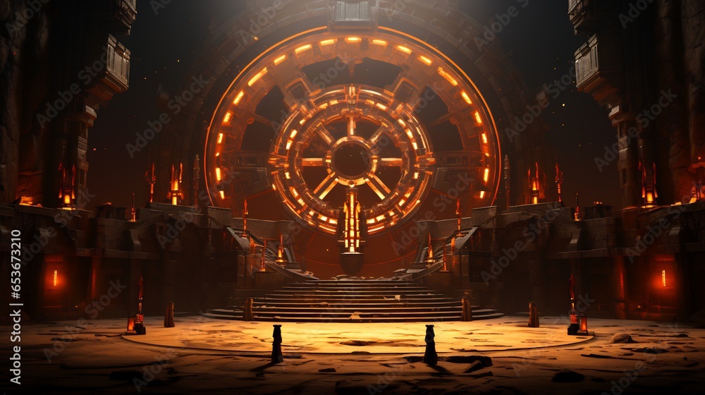 Dark room with a large circular object in the middle. Stock ...
