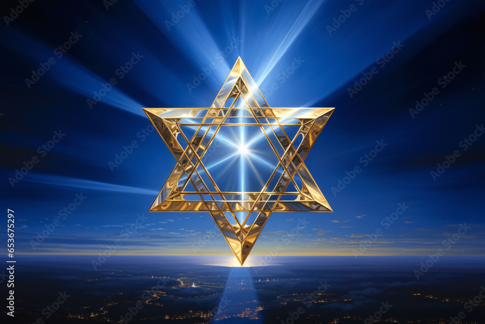 The logo of Judaism against the sky emits rays of light. Hanukkah ...