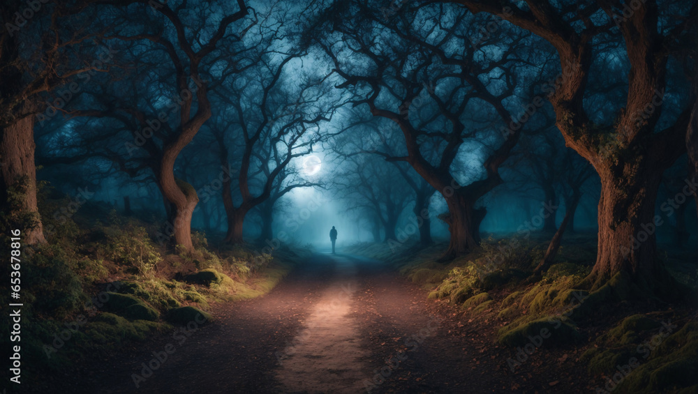 Halloween-themed, Spooky Moonlit Path: A pathway illuminated by a full ...