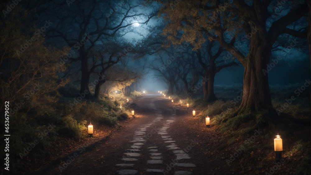 Halloween-themed, Spooky Moonlit Path: A pathway illuminated by a full moon, surrounded by ...