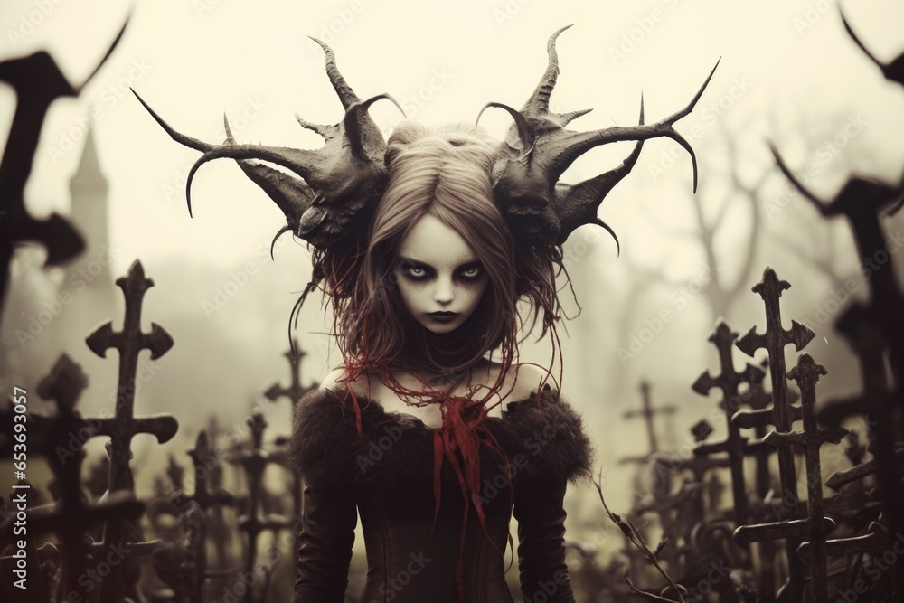 Eerie stillness of a forgotten graveyard shrouded in mist with a ...