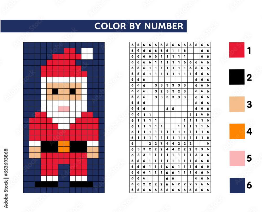Santa Claus coloring book. Color by number educational game for kids ...